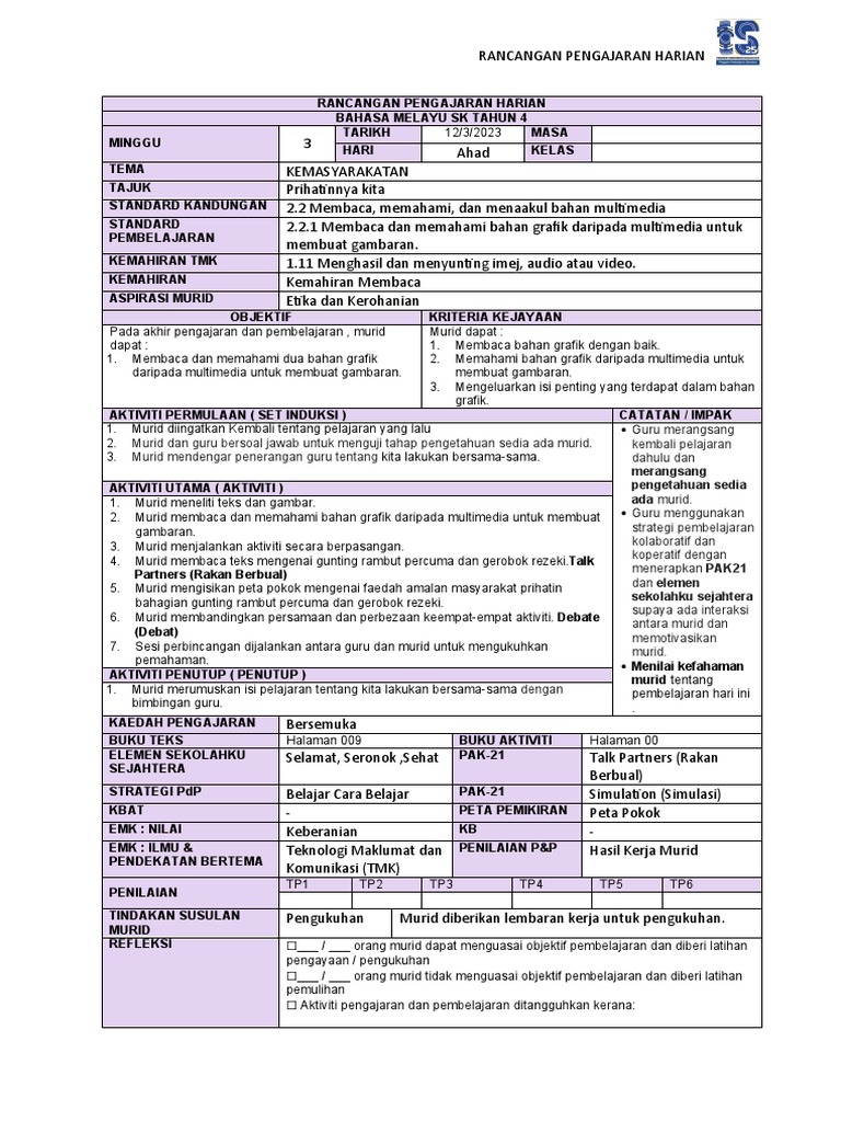 RPH Minggu 3 BM SK THN 4 2023 by Cikgu Gorgeous | PDF