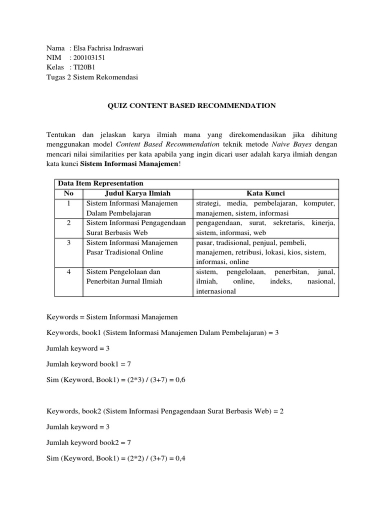 Tugas 2 Quiz Sistem Rekomendasi - Elsa Fachrisa I - 093409 | PDF