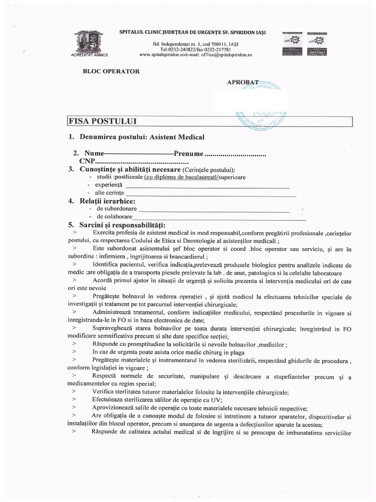 FISA POST - Asistent Medical Bloc Operator | PDF