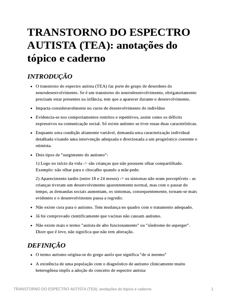 TRANSTORNO DO ESPECTRO AUTISTA (TEA) Anotaes Do Tpico e Caderno | Descargar gratis PDF ...