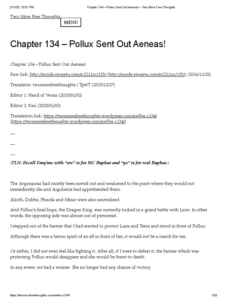 Chapter 134 - Pollux Sent Out Aeneas! - Two More Free Thoughts PDF | PDF