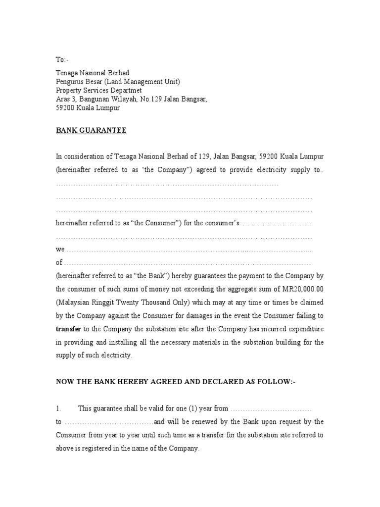 TNB Bank Guarantee Letter Format | PDF | Guarantee | Business Law