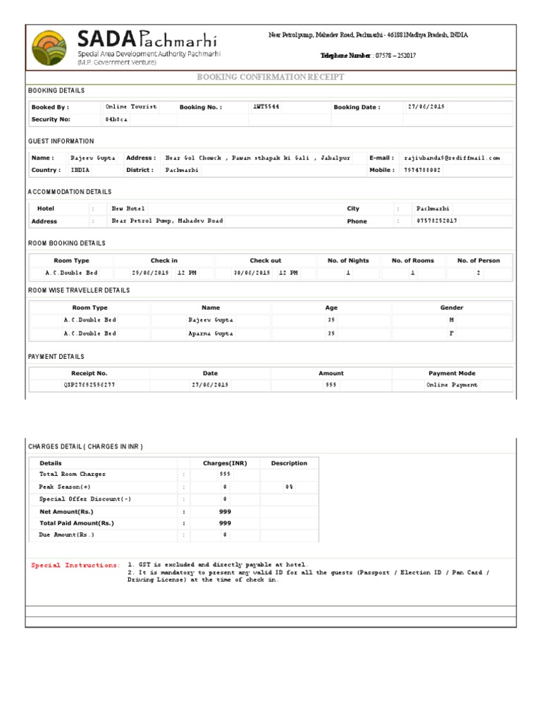 Booking Confirmation Slip SADA.pdf | PDF | Payments | Service Industries