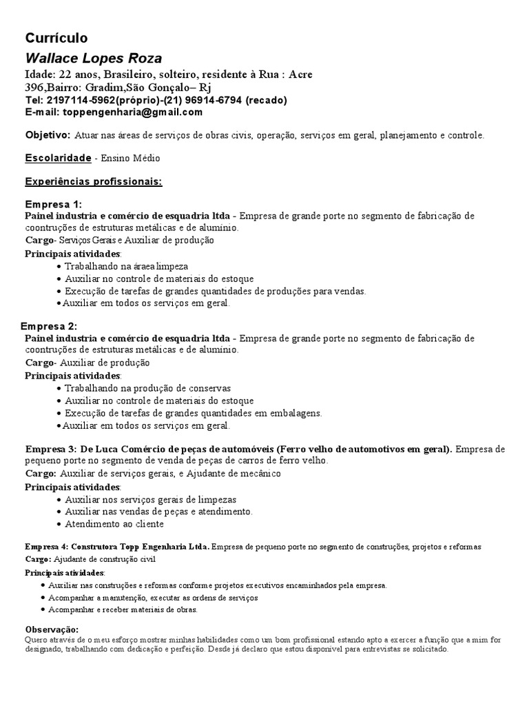 Curriculo - Wallace Lopes | PDF | Carreira e Crescimento