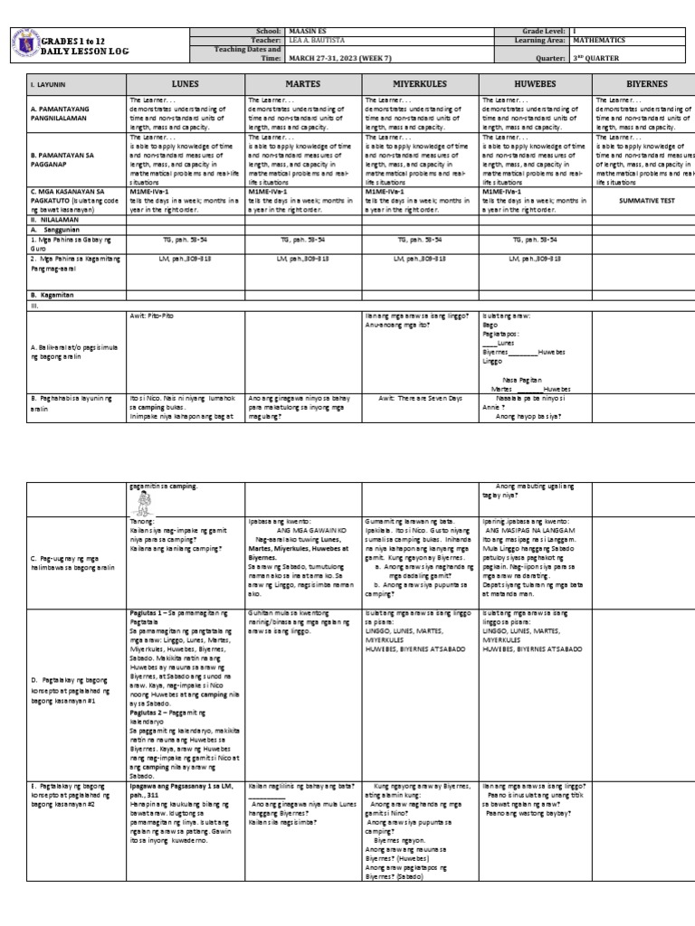 DLL - Mathematics 1 - Q3 - W7 | PDF | Learning | Behavior Modification