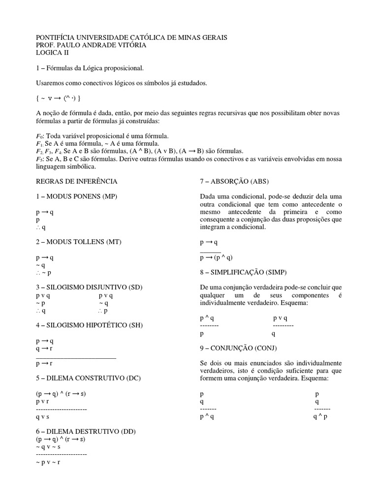 Introdução às fórmulas e regras de inferência da lógica proposicional ...