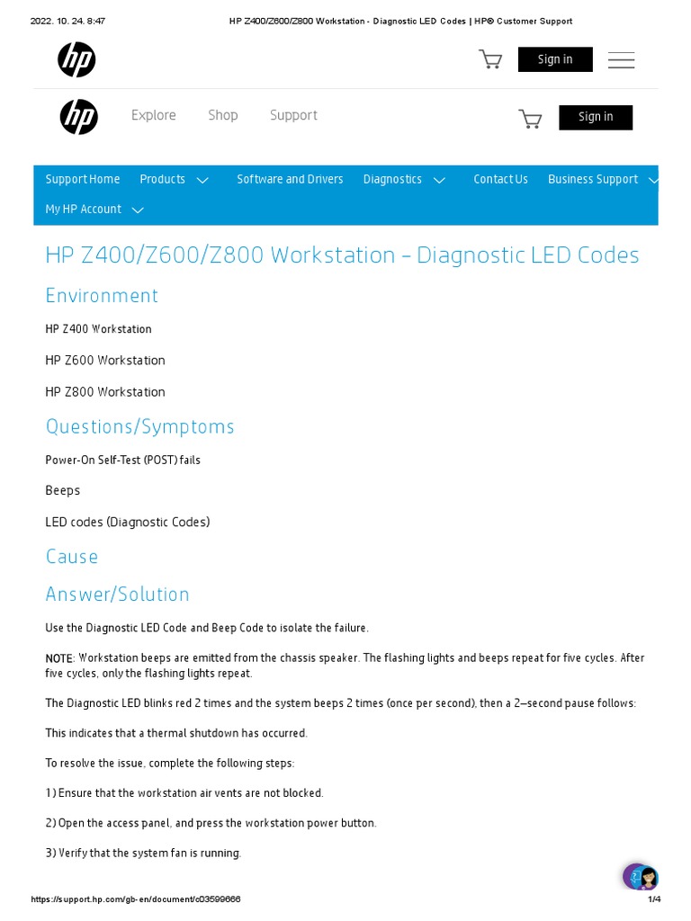 HP Z400 - Z600 - Z800 Workstation - Diagnostic LED Codes - HP® Customer ...