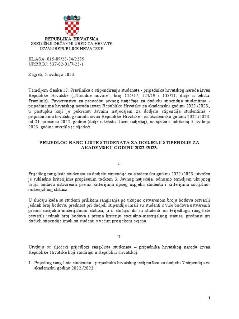 Prijedlog Rang-Liste Studenata Za Dodjelu Stipendije Za Akademsku Godinu 2022.-2023 | PDF