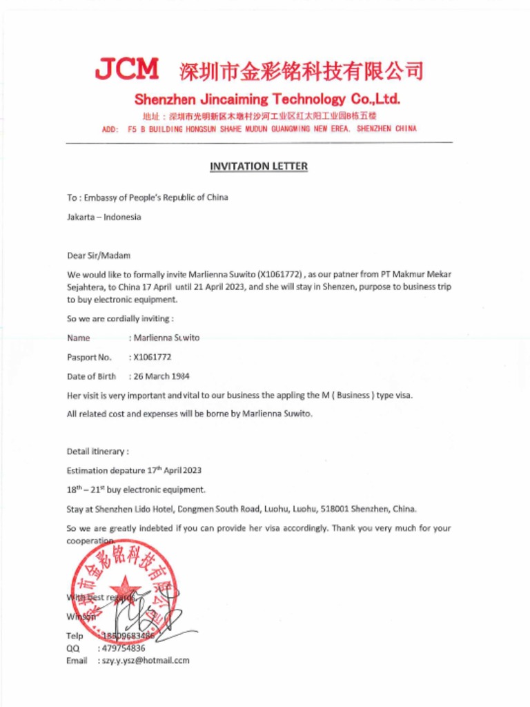 contoh surat rekomendasi visa bisnis cina | PDF