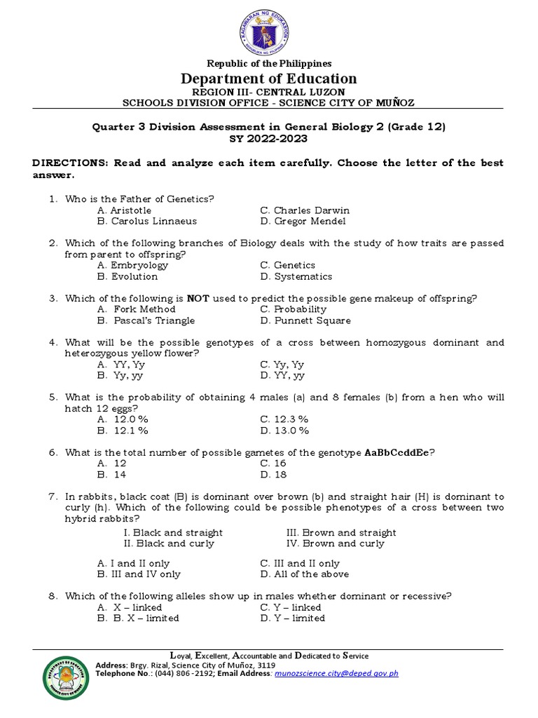 Grade 12 General Biology 2 Assessment | PDF | Plasmid | Dominance ...
