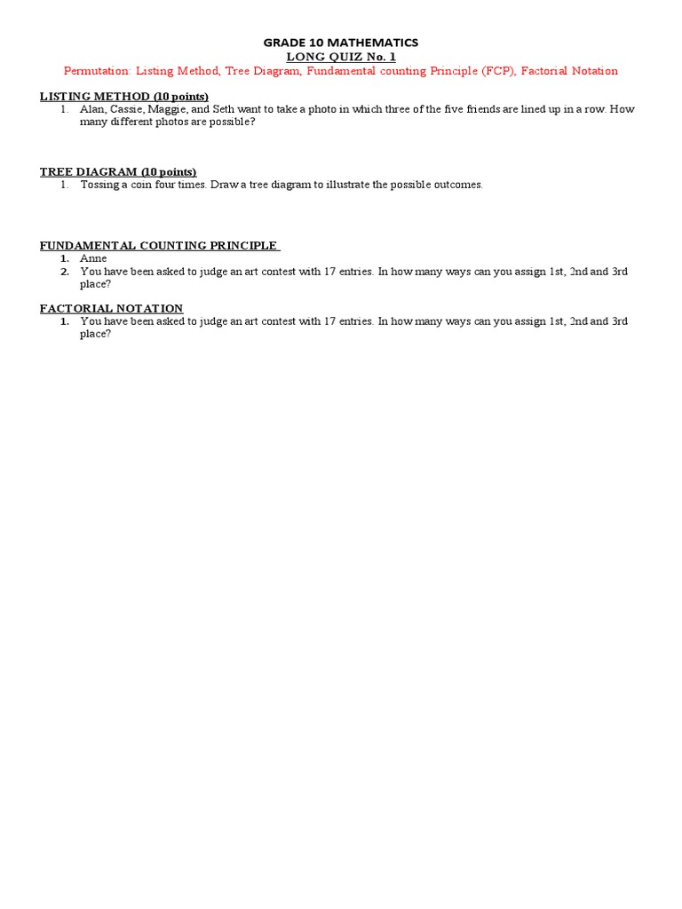 Grade 10 Math Quiz: Permutations | PDF