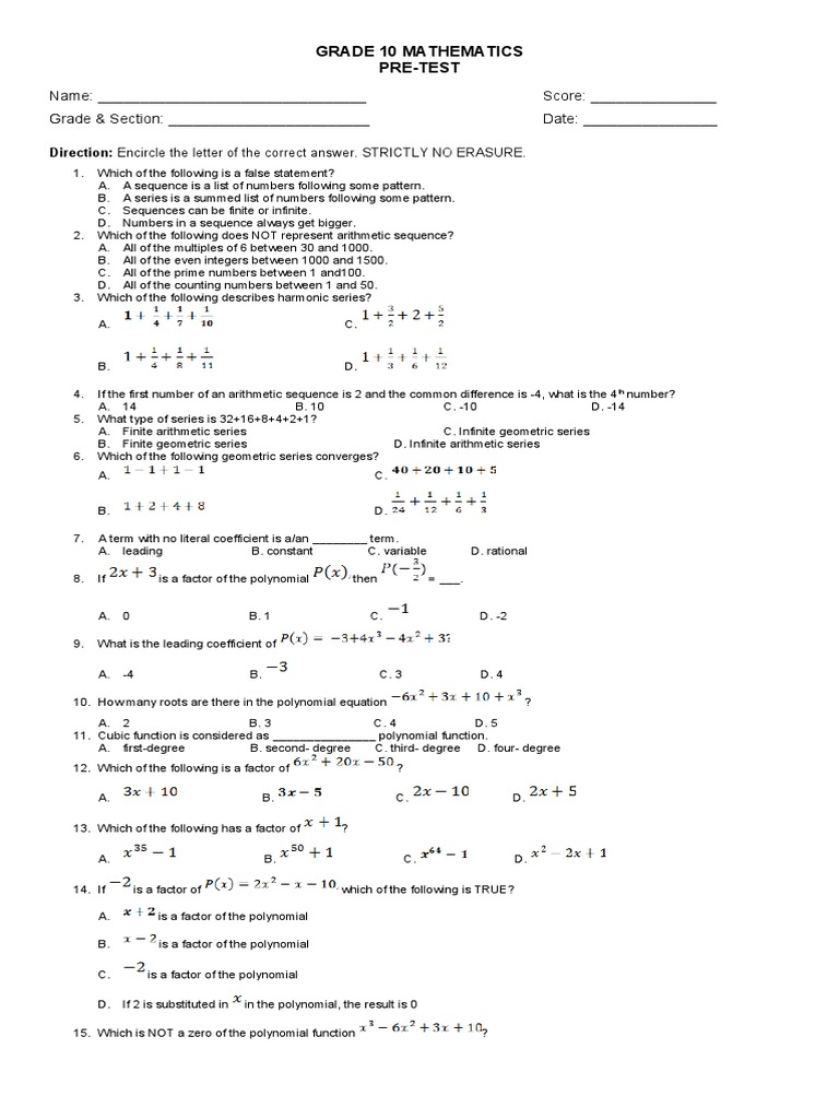 Pre-Test Math10 Q1 | PDF