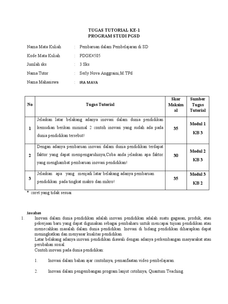 TUGAS TUTORIAL KE 1. Pembaharuan Pembelajaran | PDF