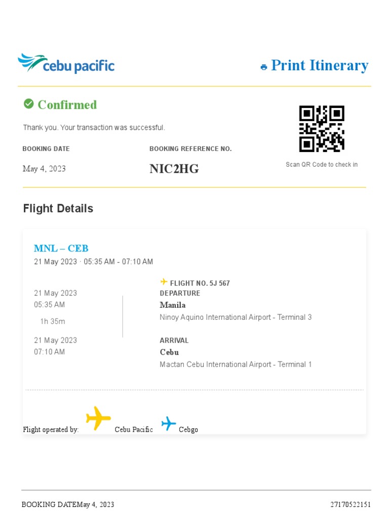 Cebu Pacific Booking Confirmation | PDF