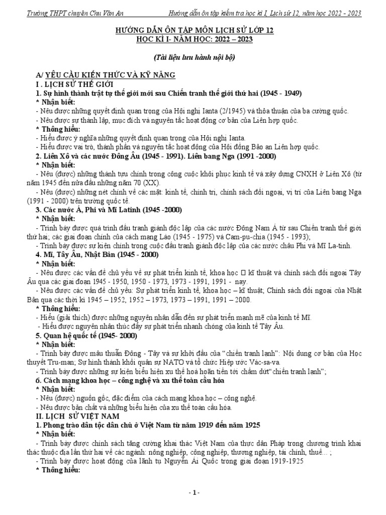 HƯỚNG DẪN ÔN TẬP LS 12; HKI (22-23) | PDF