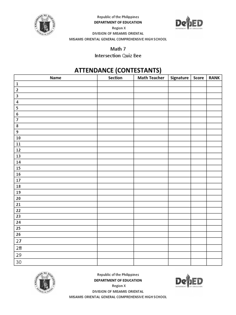 Math 7 Quiz Bee Attendance | PDF