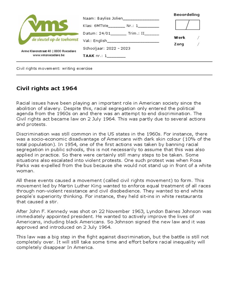 Writing Task Civil Rights Act | PDF | Civil Rights Act Of 1964 ...