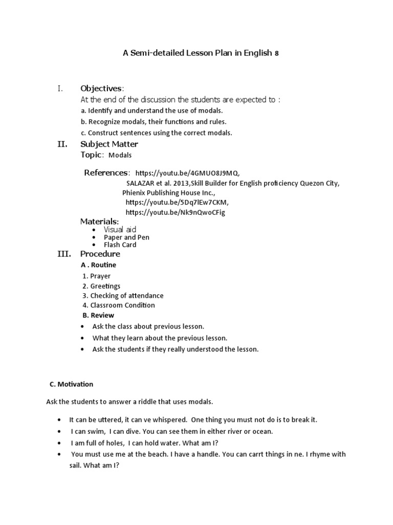 Semi-Detailed Lesson Plan in English Final | PDF | Lesson Plan ...