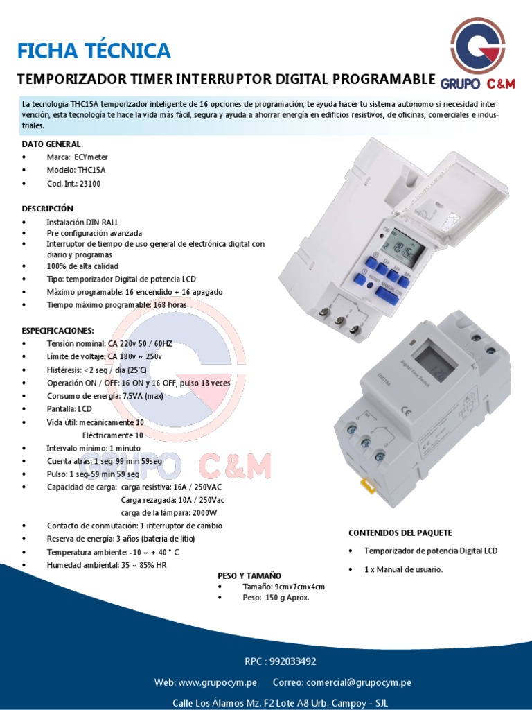 Ficha Tecnica Temporizador Timer Interruptor Digital Programable 220V ...