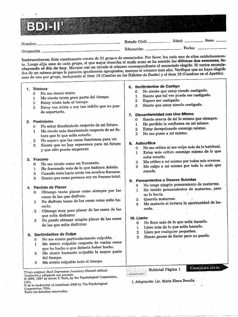 Inventario Depresion de Beck BDI - II | PDF