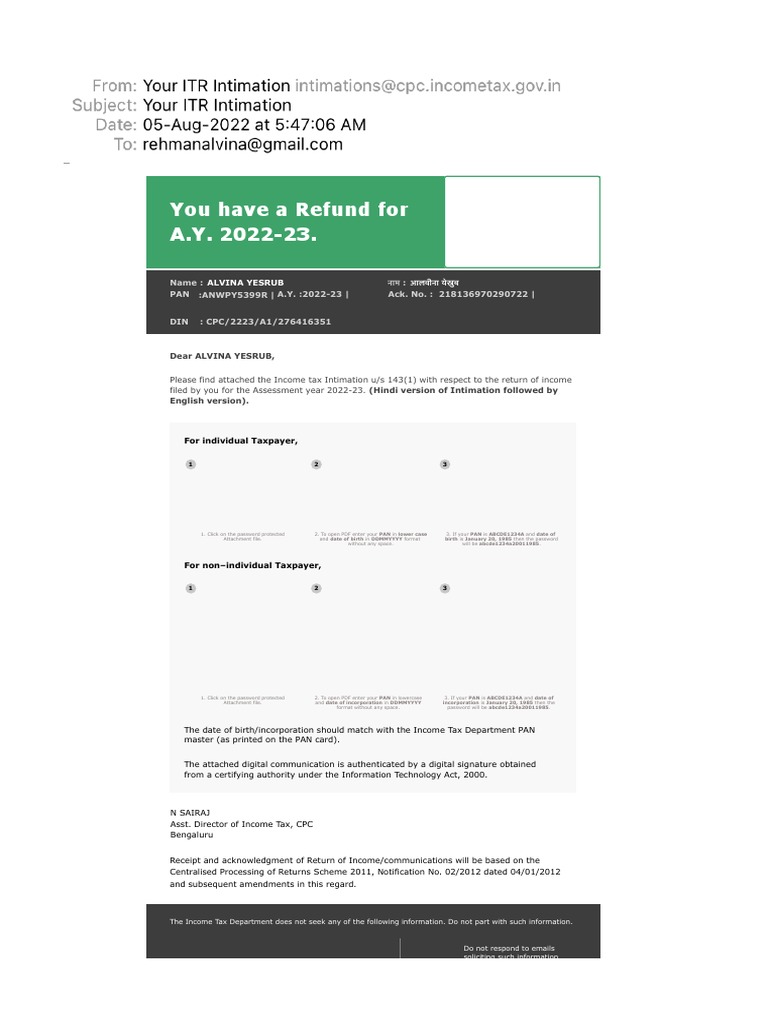 Your ITR Intimation PDF | PDF | Password | Computing