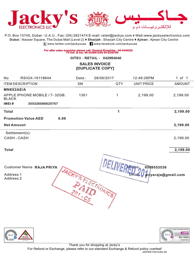 Jacky's Electronics Sales Invoice | PDF