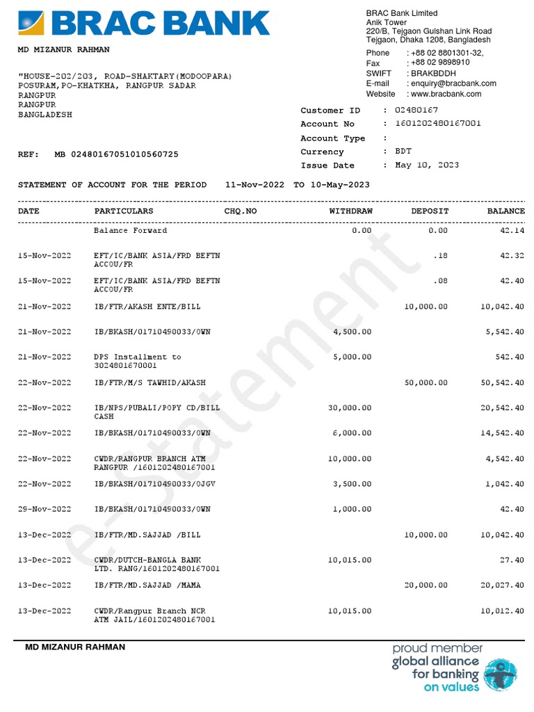 BRAC Bank Statement 10052023 PDF | PDF | Services (Economics ...