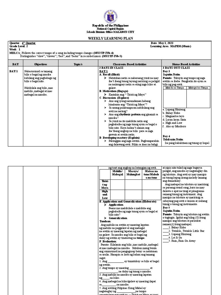 Q4-WHLP-WEEK 1-MAPEH (Music) | PDF