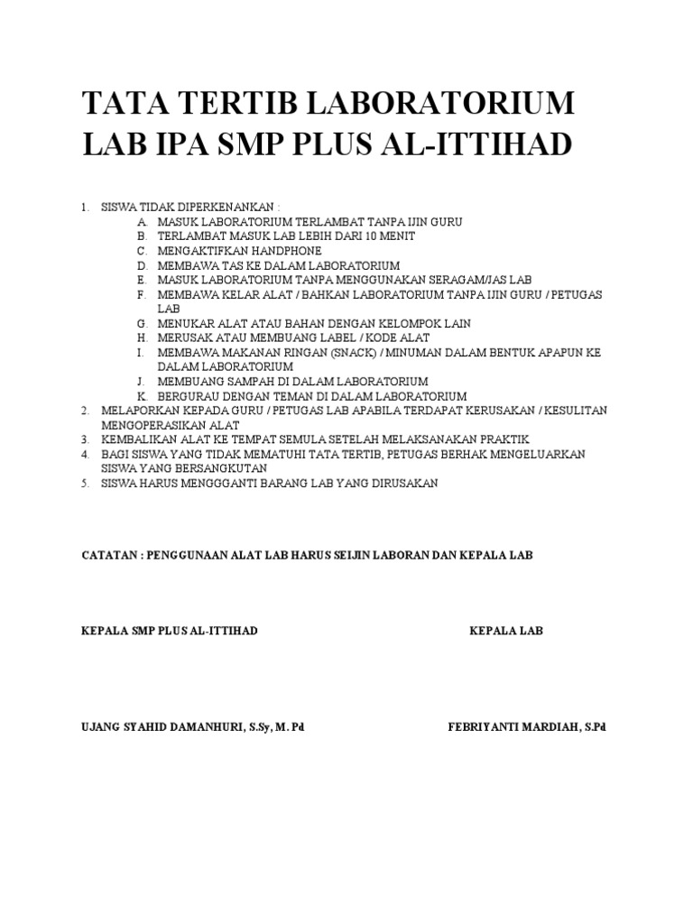 Tata Tertib Laboratorium Lab Ipa SMP Plus Al | PDF