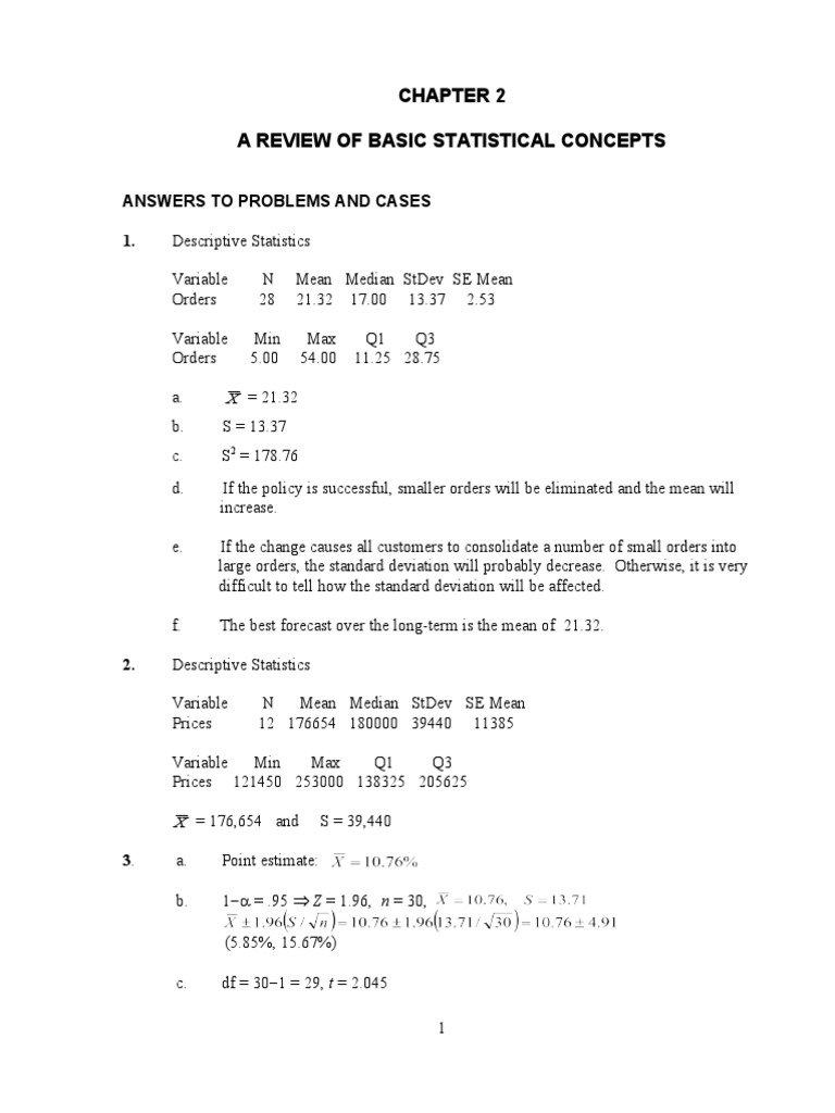 A Review of Basic Statistical Concepts: Answers To Problems and Cases 1 ...