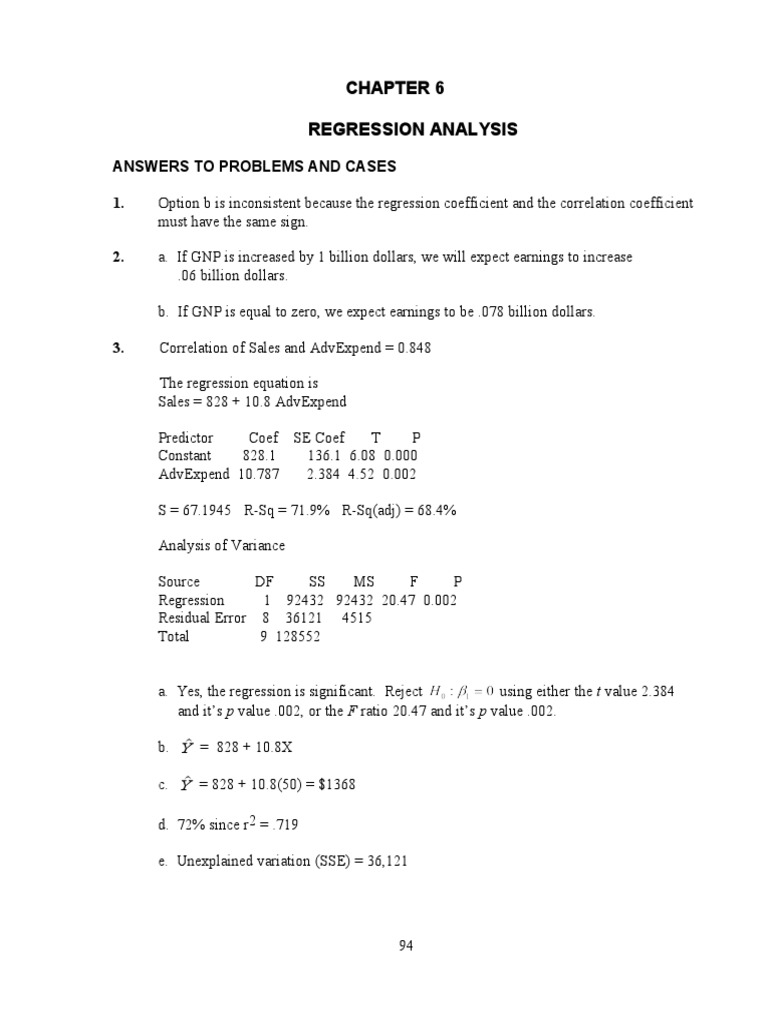 Regression Analysis: Answers To Problems and Cases 1. 2 | PDF | Errors And Residuals ...