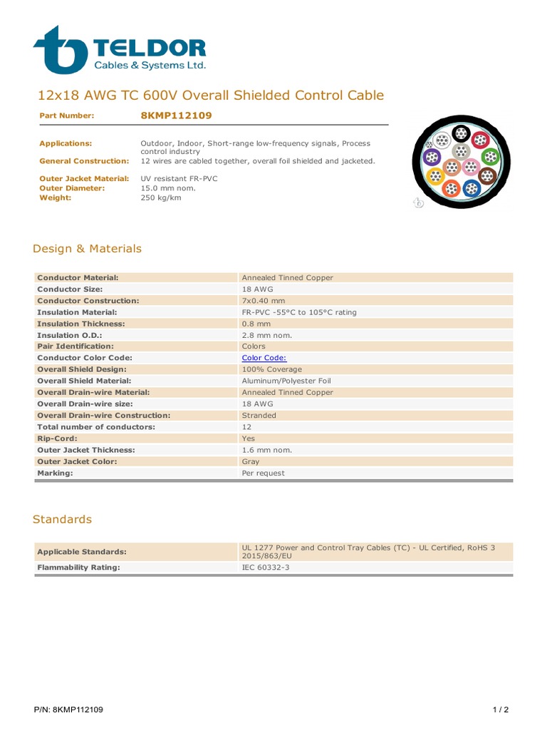 12x18 AWG TC 600V Overall Shielded Control Cable - 8KMP112109 - V - 1 ...