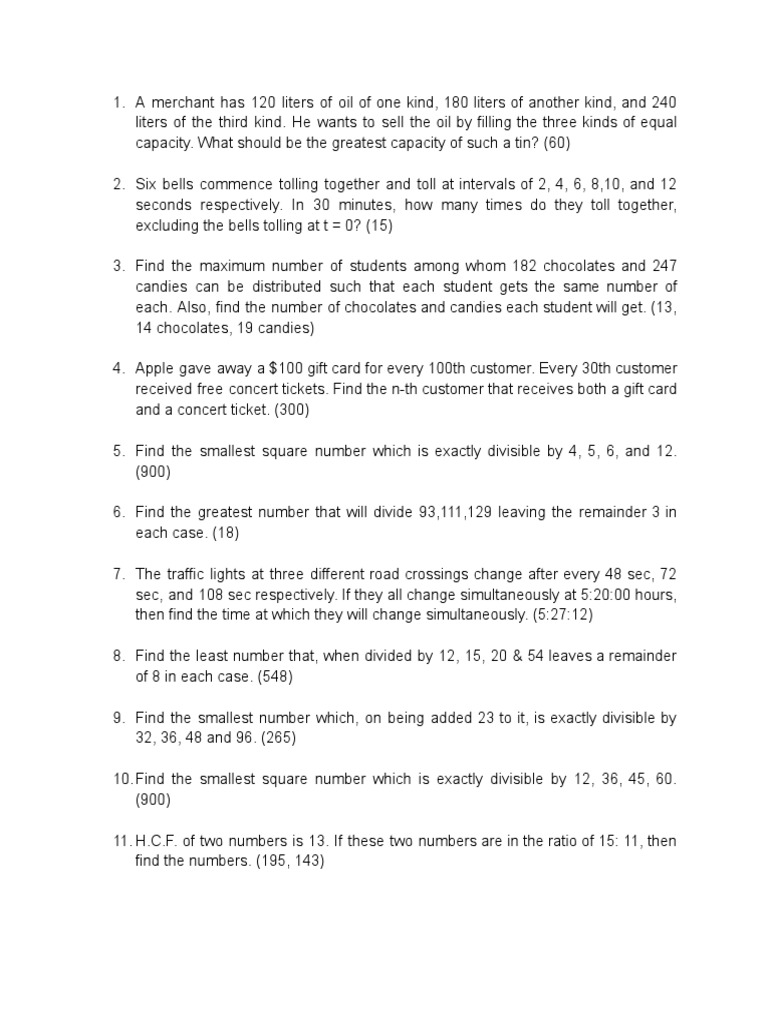 HCF - LCM Worksheet | PDF