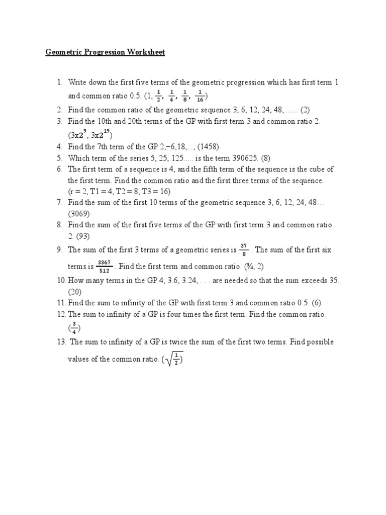 Geometric Progression Worksheet | PDF