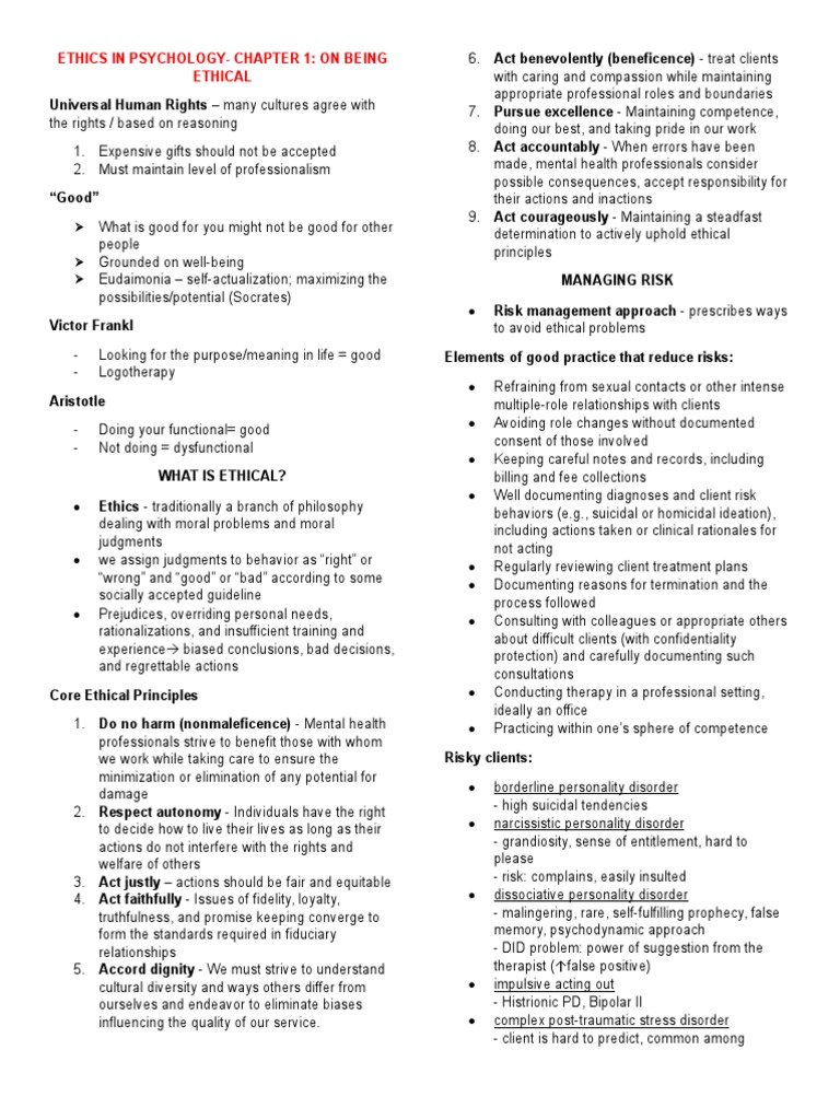 ETHICS IN PSYCHOLOGY CHAP 1 REVIEWER | PDF | Personality Disorder ...