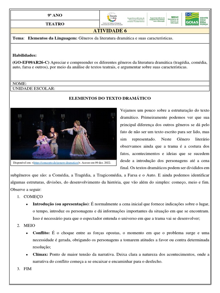 Atividade 6 9º Ano TEATRO 1 | PDF