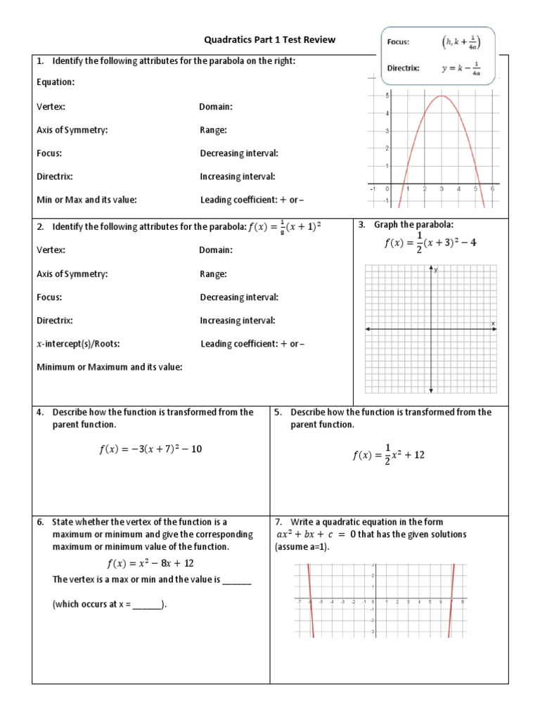 Quadratics Part 1 Test Review | PDF | Quadratic Equation | Mathematical ...