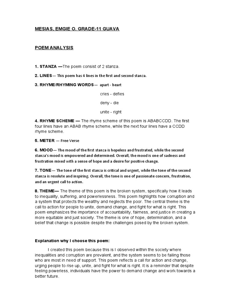 Poem Analysis | PDF | Poetry