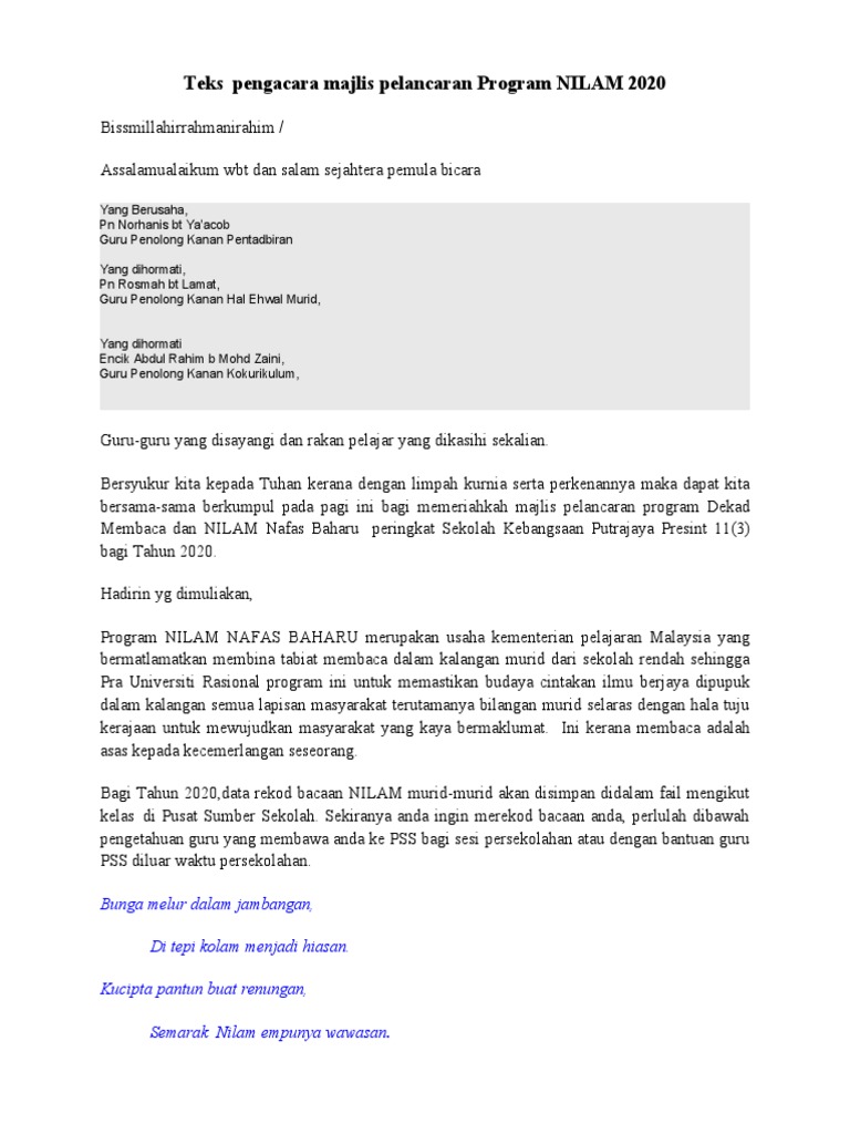 Teks Pengacara Majlis Pelancaran Dekad Mmembaca Dan Nilam Nafas Baharu ...