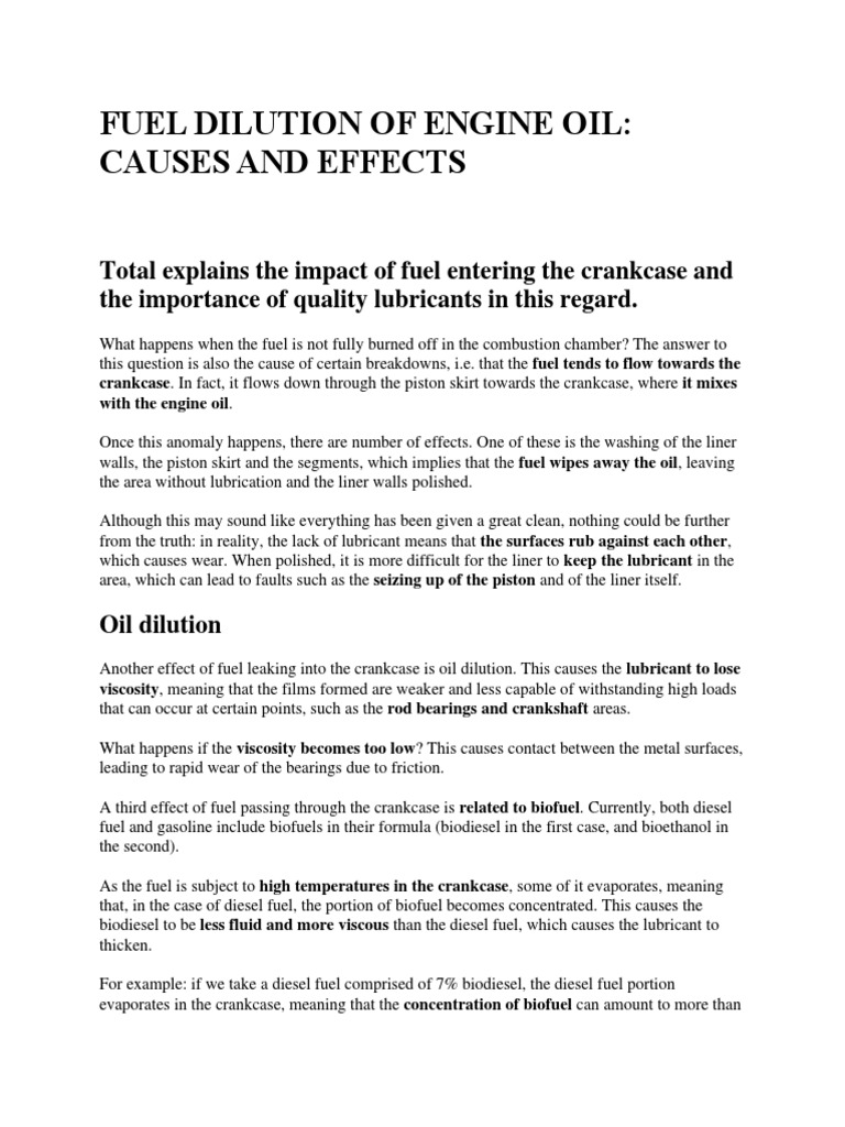 Fuel Dilution in Engine Oil: Causes & Effects | PDF | Diesel Engine ...