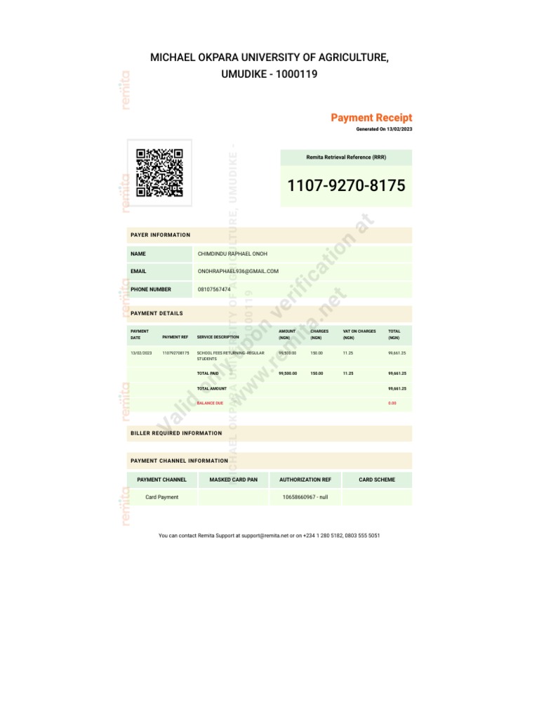 Umudike School Fees Payment Receipt | PDF | Payments | Service Industries