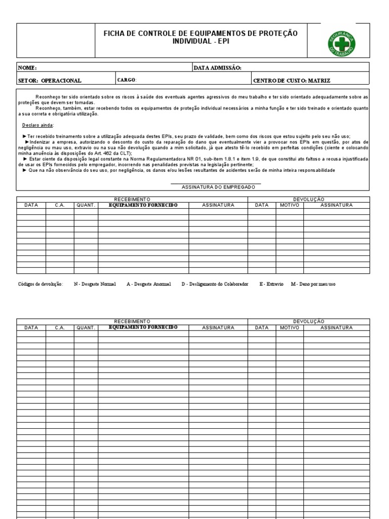 Modelo de Ficha de Entrega de Epi | PDF