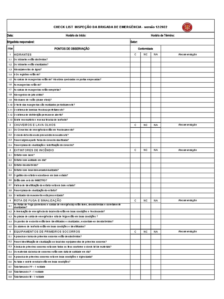CHECK LIST - BRIGADA Modelo | PDF