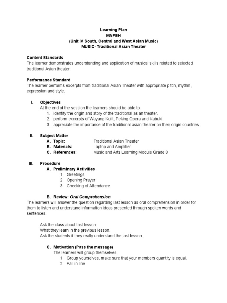 Grade 8 MAPEH: Asian Theater Lesson Plan | PDF | Learning | Theatre