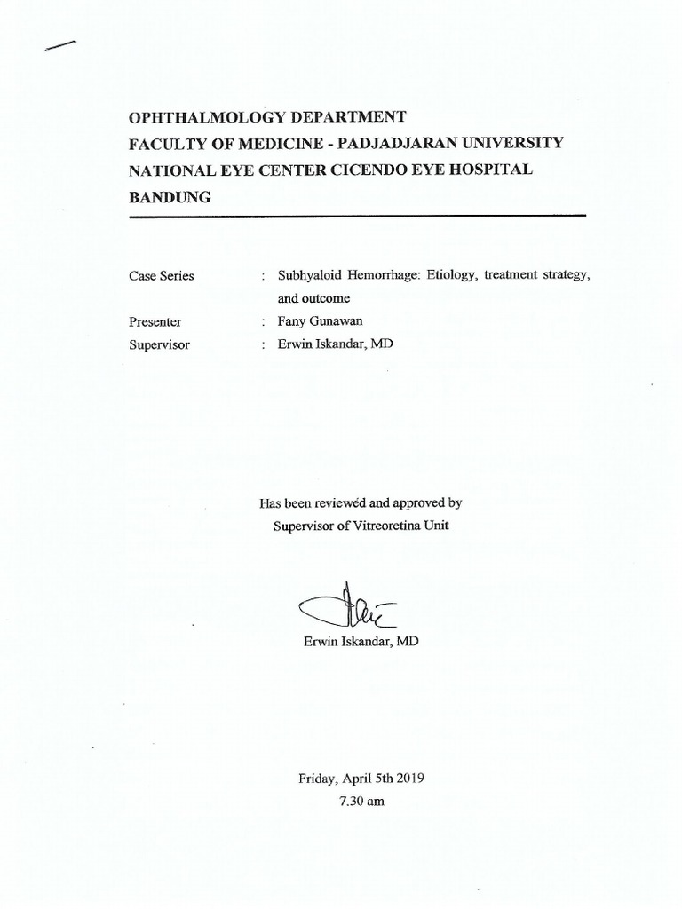Subhyaloid Hemorrhage Etiology Treatment Strategy and Outcome - Fany ...