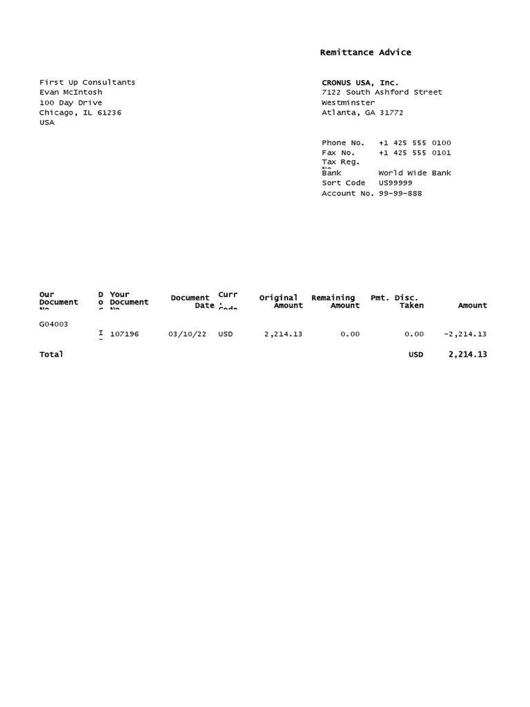 CRONUS USA, Inc. - Remittance Advice G04003 | PDF