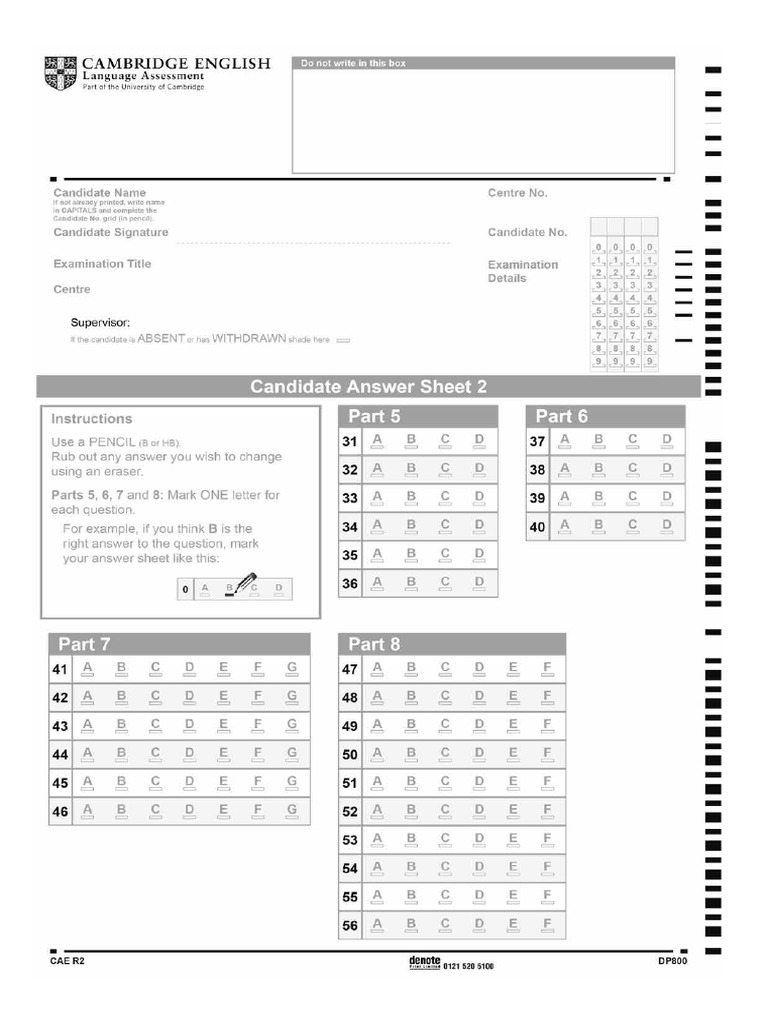 Cambridge Advanced Reading UoE Parts 5-8 Answer Sheet | PDF
