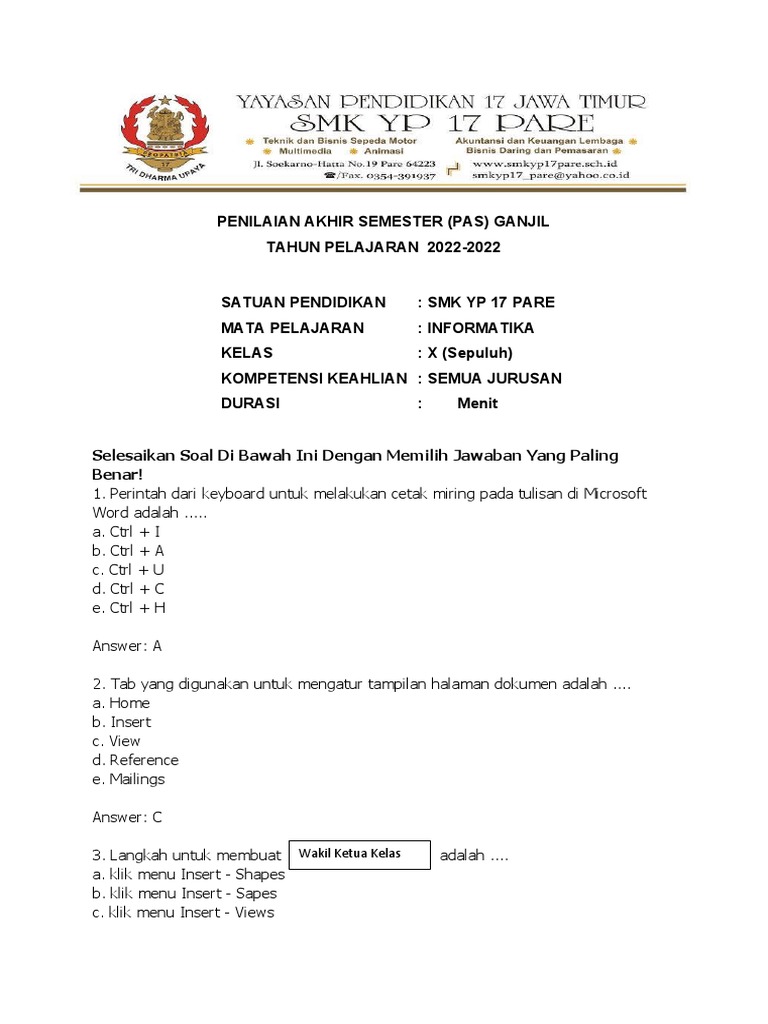 X - SOAL Informatika - PAS GANJIL - 2022-2023 | PDF | Karier & Perkembangan