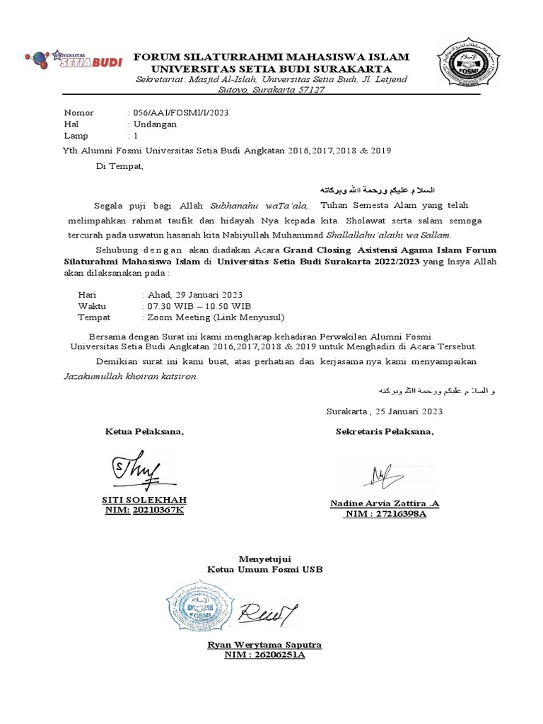 Surat Undangan GC Aai Untuk Alumni Fosmi | PDF