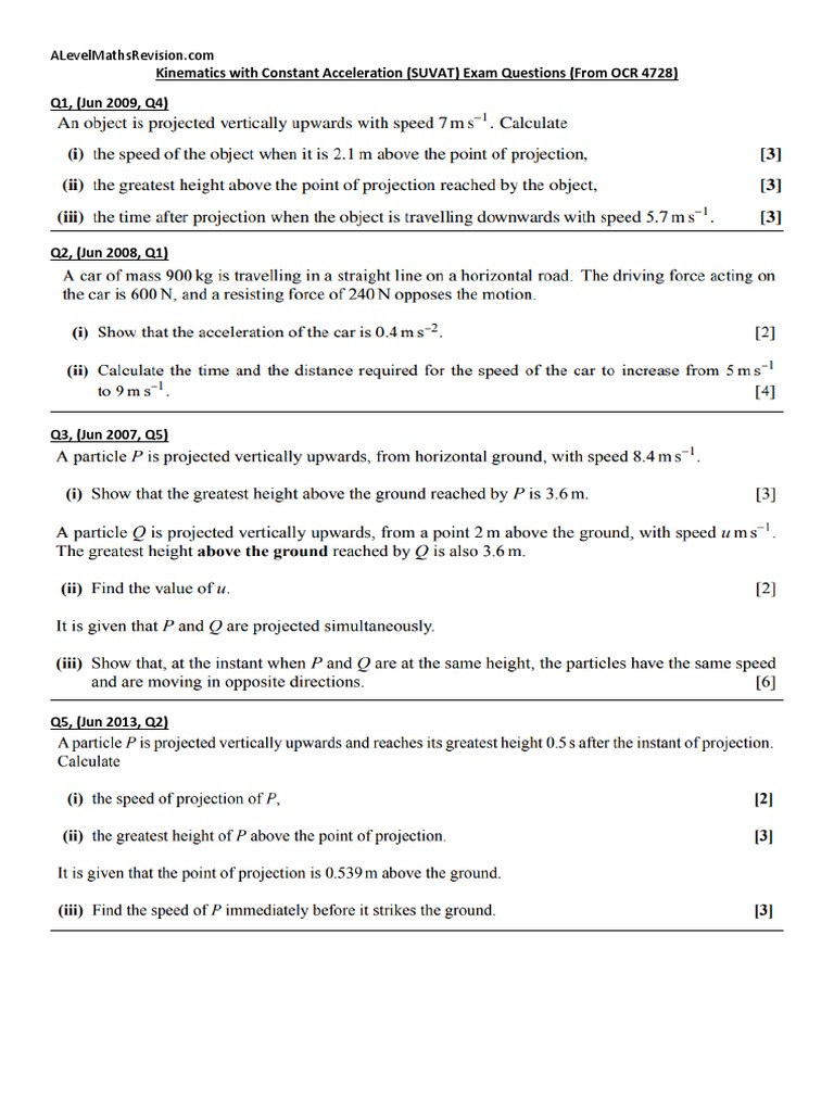 Kinematics with Constant Acceleration (SUVAT) Exam Questions.pdf | PDF